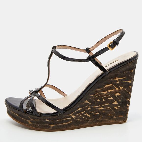 Miu Miu | Shoes | Miu Miu Black Patent Leather Tstrap Platform Wedge Sandals Size 38 | Poshmark